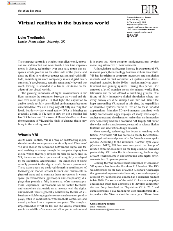 (PDF) Virtual realities in the business world