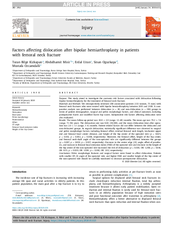 (PDF) Factors affecting dislocation after bipolar hemiarthroplasty in ...
