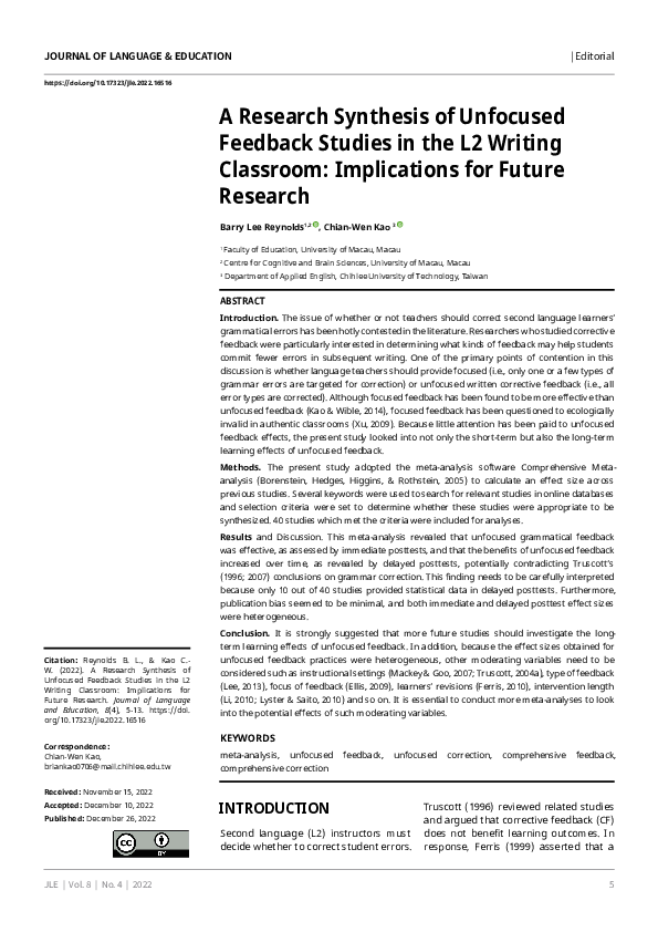 (PDF) A Research Synthesis of Unfocused Feedback Studies in the L2 ...