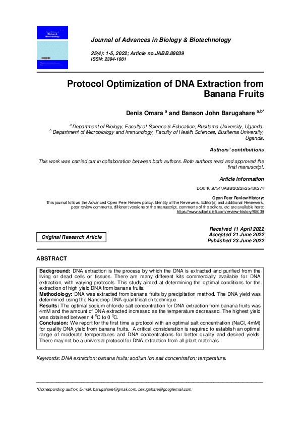 Pdf Protocol Optimization Of Dna Extraction From Banana Fruits