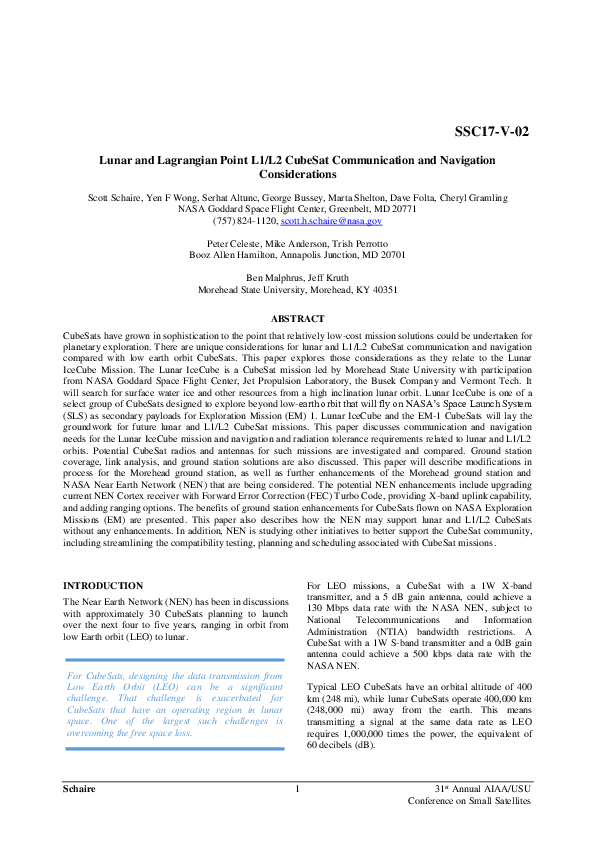 (PDF) Lunar and Lagrangian Point L1 L2 CubeSat Communication and Navigation Considerations