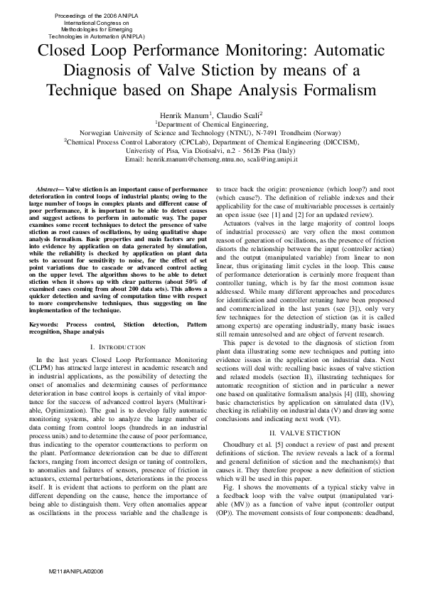 (PDF) Closed Loop Performance Monitoring: Automatic Diagnosis of Valve Stiction by means of a ...