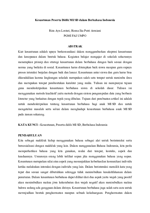 (DOC) Kesantunan Peserta Didik MI/SD dalam Berbahasa Indonesia (DOC) Kesantunan Peserta Didik MI/SD dalam Berbahasa Indonesia