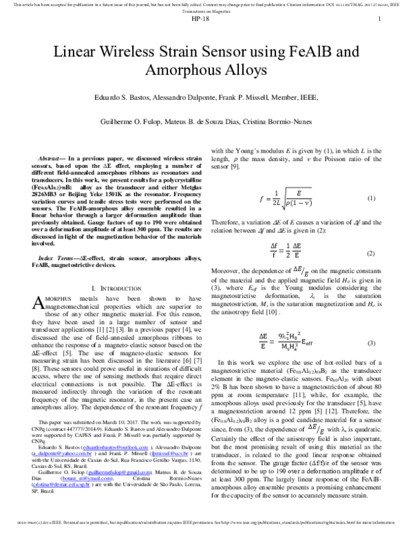 (PDF) Linear Wireless Strain Sensor using FeAlB and Amorphous Alloys