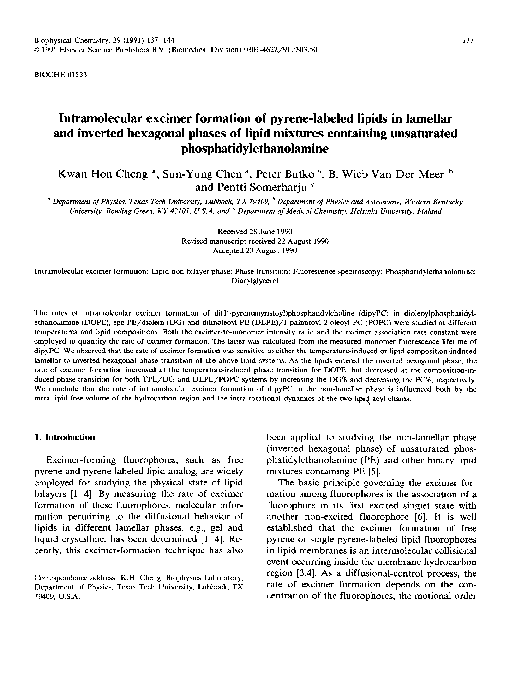 (PDF) Intramolecular excimer formation of pyrene-labeled lipids in ...