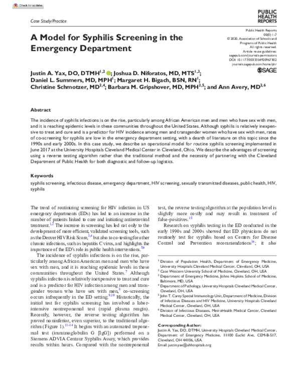(PDF) A Model for Syphilis Screening in the Emergency Department ...