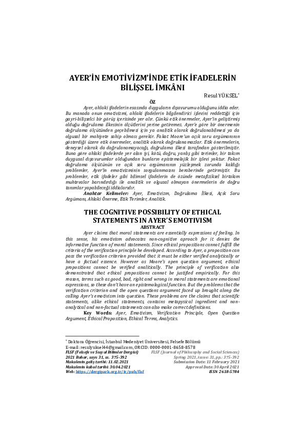(PDF) The Cognitive Possibility of Ethical Statements in Ayer’s Emotivism