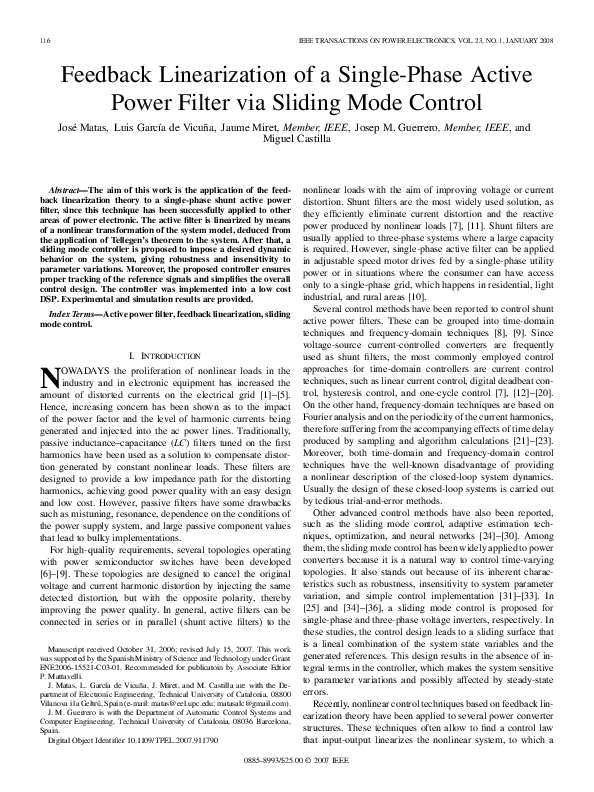 Pdf Feedback Linearization Of A Single Phase Active Power Filter Via