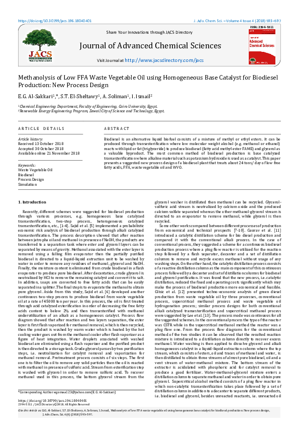 (PDF) Methanolysis of Low FFA Waste Vegetable Oil using Homogeneous ...