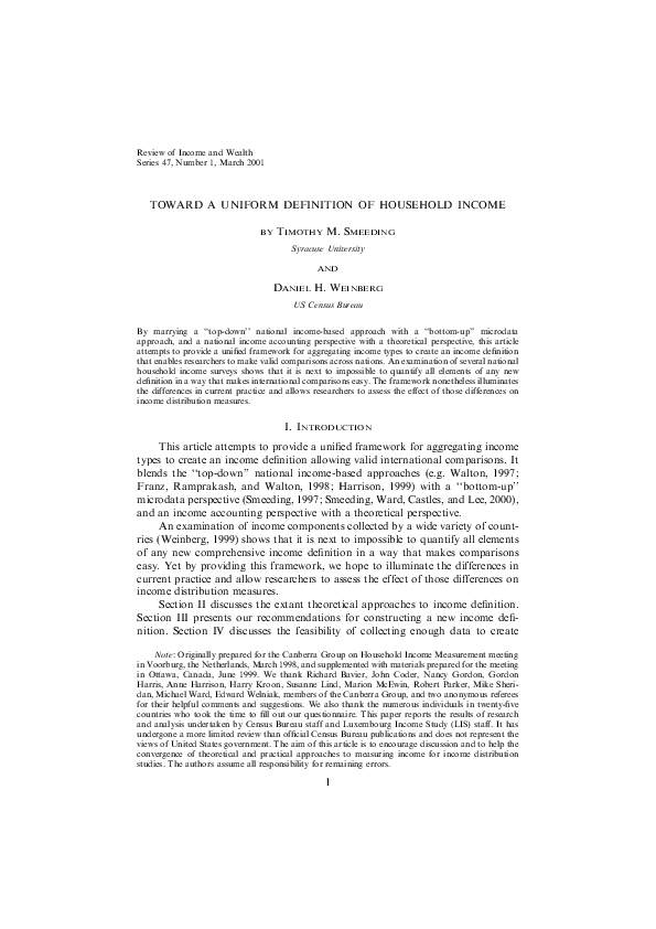 (PDF) Toward a Uniform Definition of Household Income