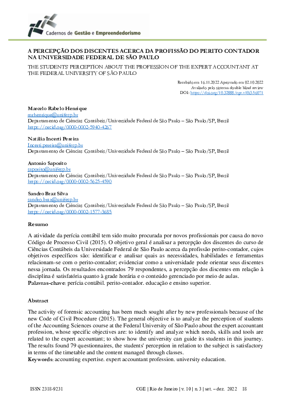 Pdf A Percepção Dos Discentes Acerca Da Profissão Do Perito Contador
