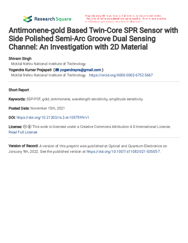 (PDF) Antimonene-gold Based Twin-Core SPR Sensor with Side Polished ...