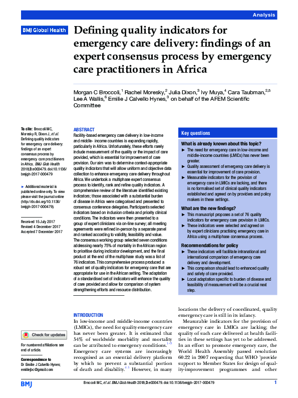 (PDF) Defining quality indicators for emergency care delivery: findings ...