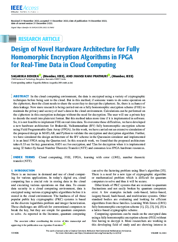 (PDF) Design of Novel Hardware Architecture for Fully Homomorphic Encryption Algorithms in FPGA ...