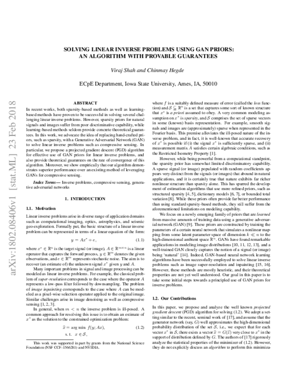 Pdf Solving Linear Inverse Problems Using Gan Priors An Algorithm With Provable Guarantees 
