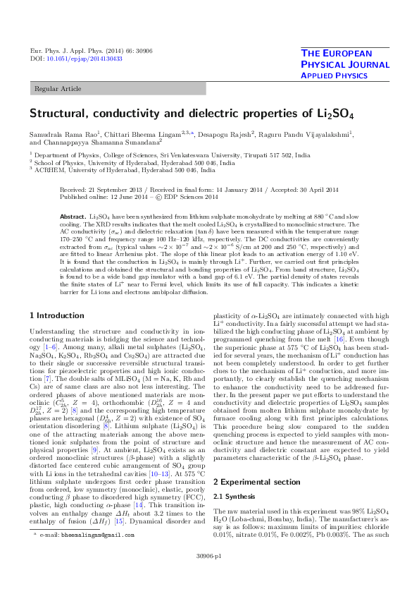 (PDF) Structural, conductivity and dielectric properties of Li2SO4