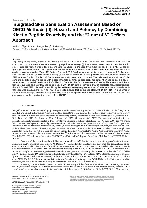 (PDF) Integrated skin sensitization assessment based on OECD methods (I ...