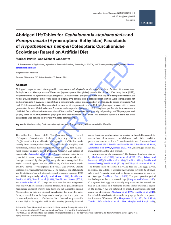 (PDF) Retracted: Abridged Life Tables for Cephalonomia stephanoderis ...