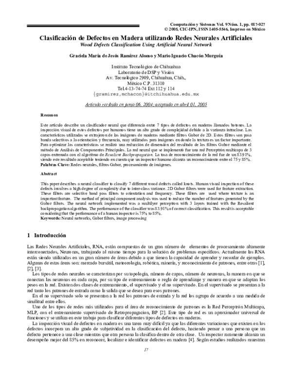 (PDF) Clasificación de Defectos en Madera utilizando Redes Neurales Artificiales Wood Defects ...