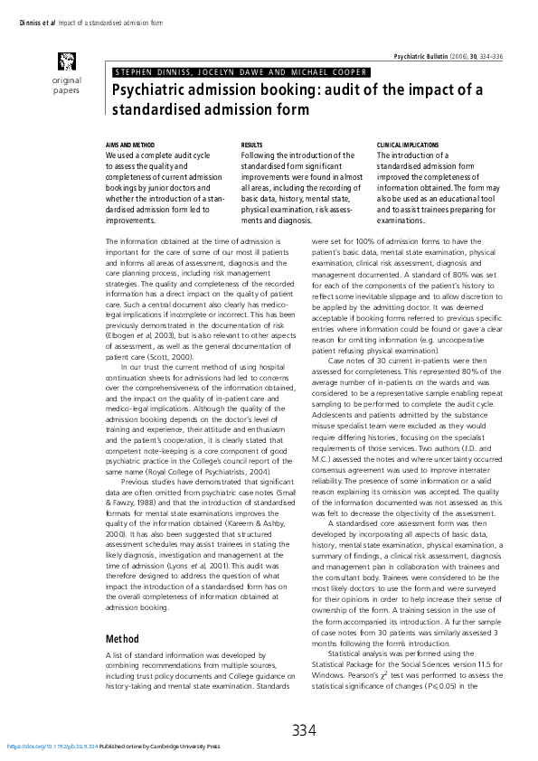 (PDF) Psychiatric admission booking: audit of the impact of a ...