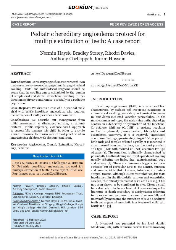 (PDF) Pediatric hereditary angioedema protocol for multiple extraction ...