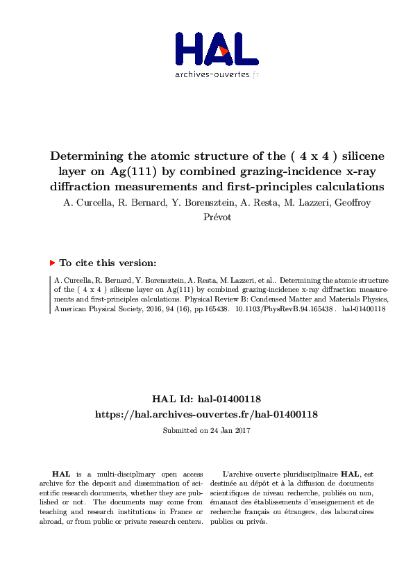 (PDF) Determining the atomic structure of the ( 4×4 ) silicene layer on ...