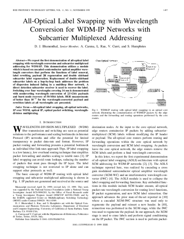 Pdf All Optical Label Swapping With Wavelength Conversion For Wdm Ip Networks With Subcarrier