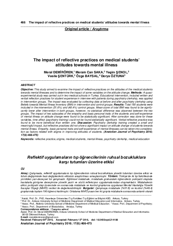 (PDF) The impact of reflective practices on medical students' attitudes towards mental illness