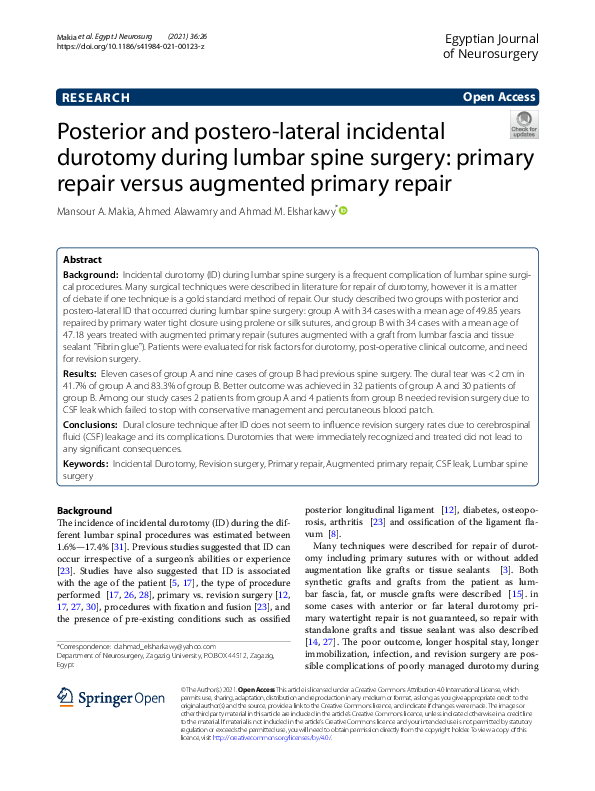(PDF) Posterior and postero-lateral incidental durotomy during lumbar ...
