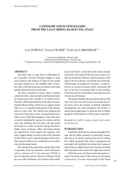 (PDF) Landslide and flood hazard From the Lago Sirino, Basilicata, Italy