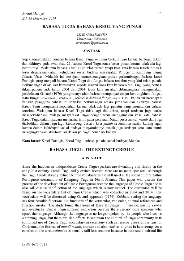 (PDF) Bahasa Tugu: Bahasa Kreol Yang Punah