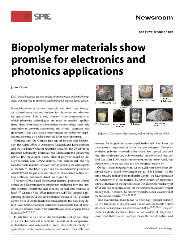 (PDF) Biopolymer materials show promise for electronics and photonics applications