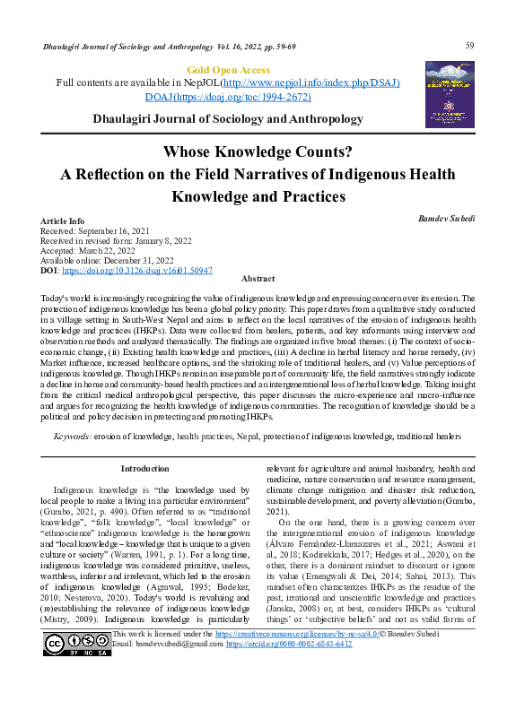 (PDF) Whose Knowledge Counts? A Reflection on the Field Narratives of Indigenous Health ...
