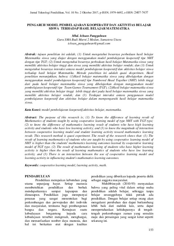 (PDF) Pengaruh Model Pembelajaran Kooperatif Dan Aktivitas Belajar Siswa Terhadap Hasil Belajar ...