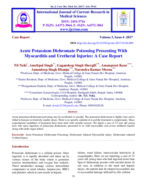Pdf Acute Potassium Dichromate Poisoning Presenting With Myocarditis