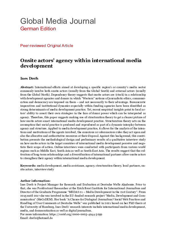 (PDF) On-site actors’ agency within international media development