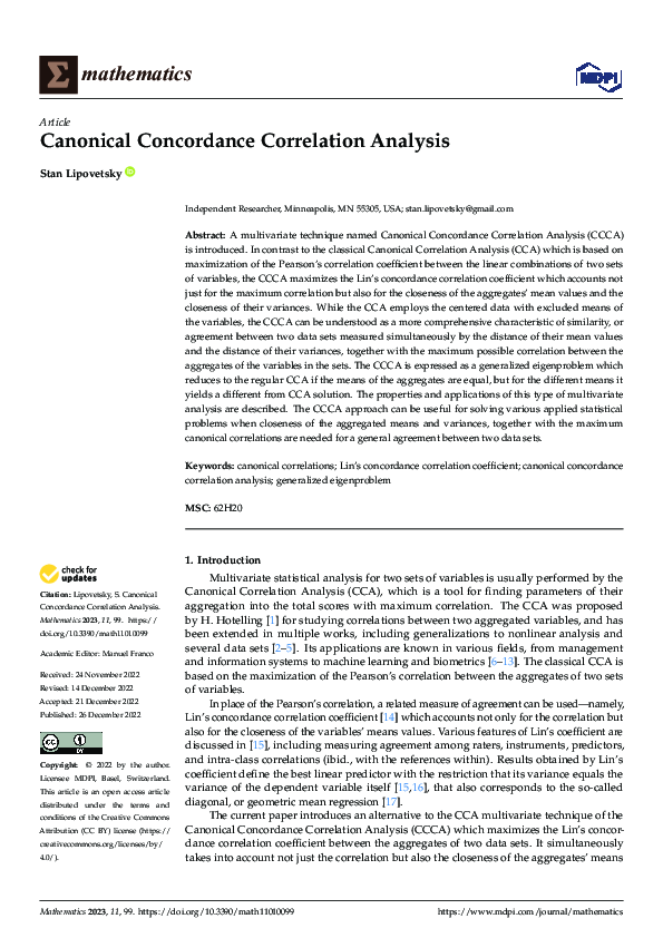 Pdf Canonical Concordance Correlation Analysis Stan Lipovetsky