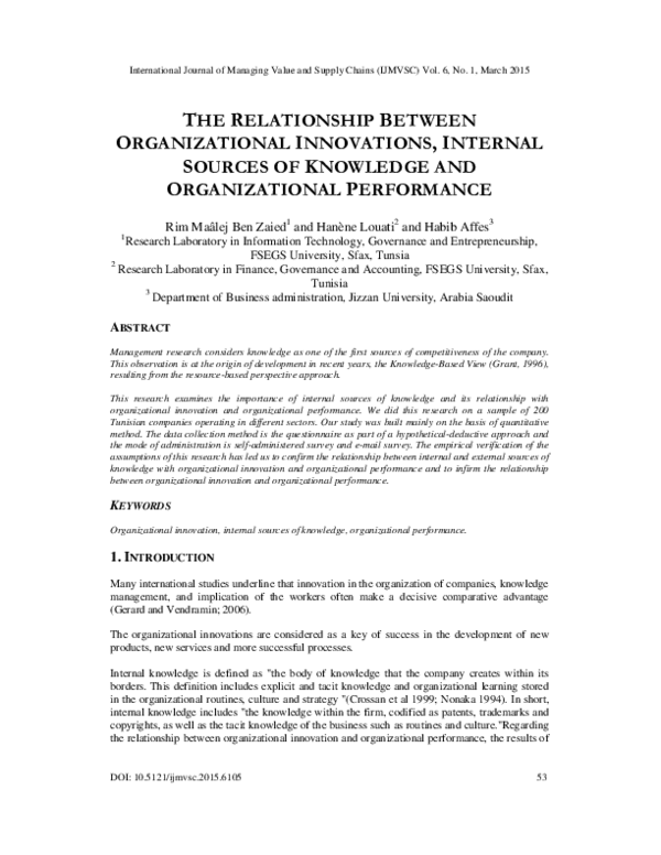 (PDF) The Relationship Between Organizational Innovations, Internal Sources of Knowledge and ...