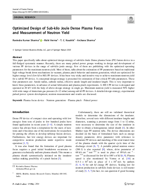 (PDF) Optimized Design of Sub-kilo Joule Dense Plasma Focus and ...