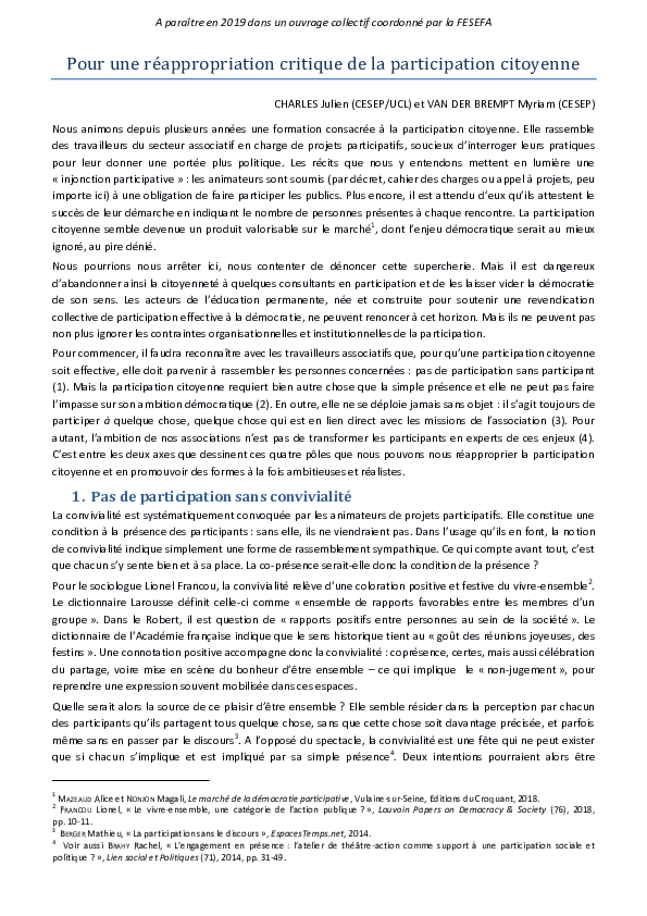 (PDF) Pour une réappropriation critique de la participation citoyenne