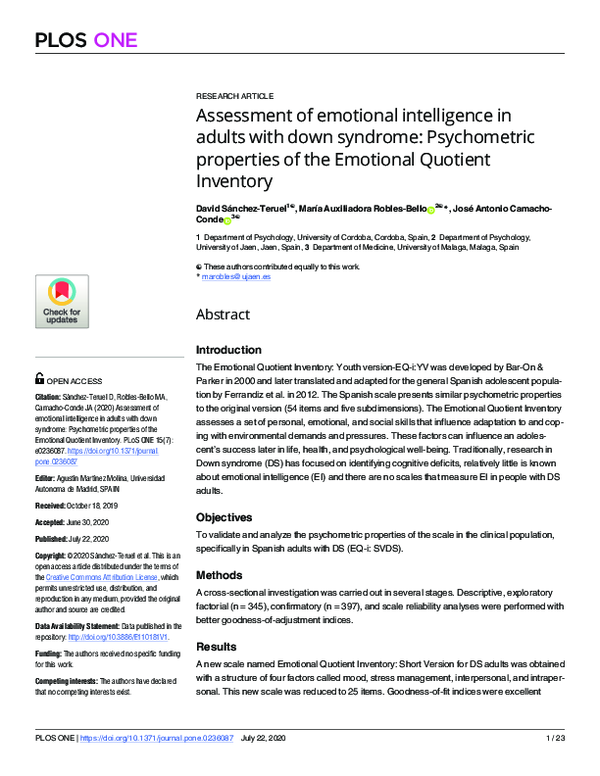 (PDF) Assessment of emotional intelligence in adults with down syndrome ...