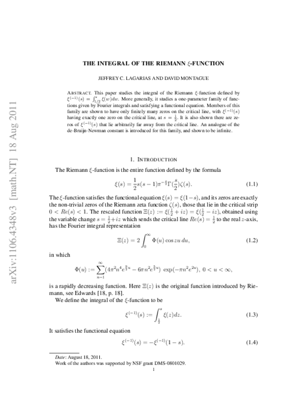 (PDF) The Integral of the Riemann ξ-Function