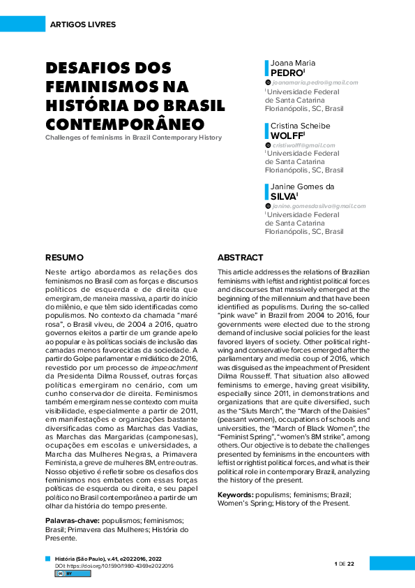 Pdf Desafios Dos Feminismos Na História Do Brasil Contemporâneo