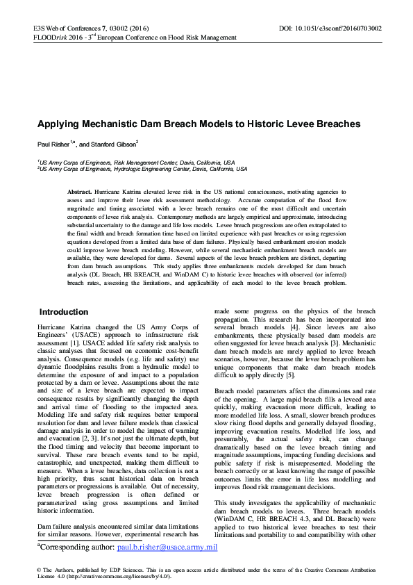 (PDF) Applying Mechanistic Dam Breach Models to Historic Levee Breaches ...