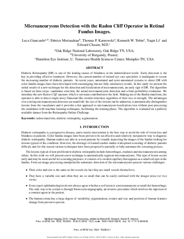Pdf Microaneurysms Detection With The Radon Cliff Operator In Retinal Fundus Images Luca