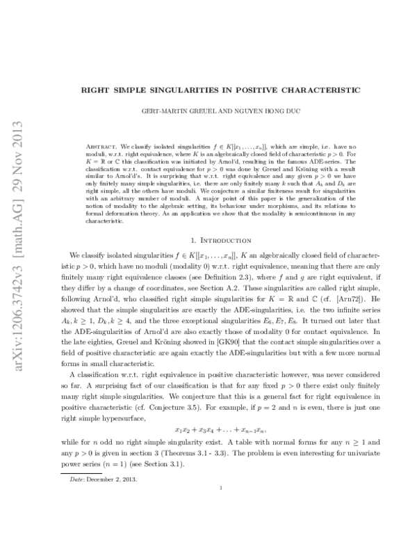 (PDF) Right simple singularities in positive characteristic