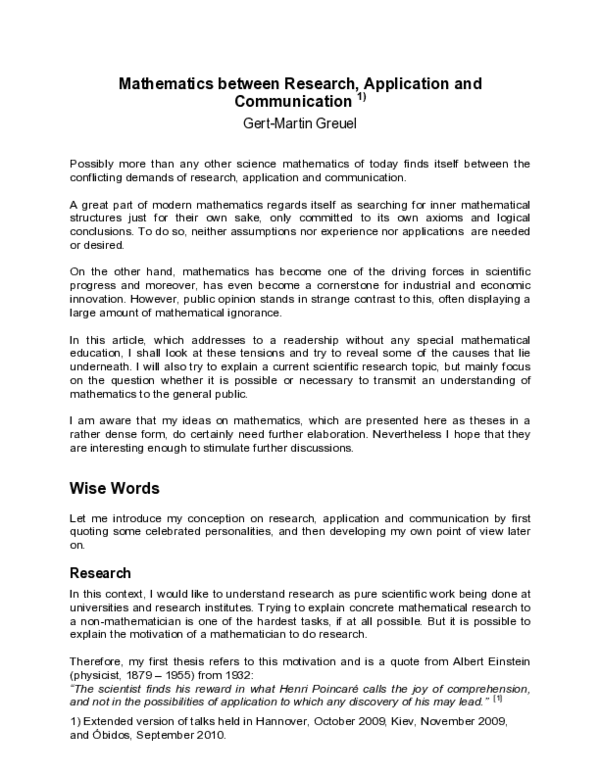 (PDF) Mathematics Between Research, Application, and Communication