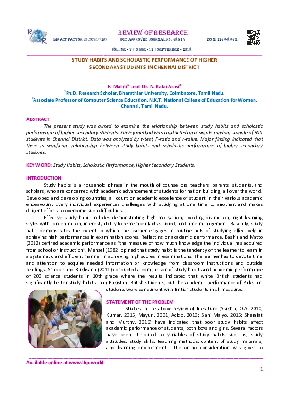 (PDF) Study Habits and Scholastic Performance of Higher Secondary ...