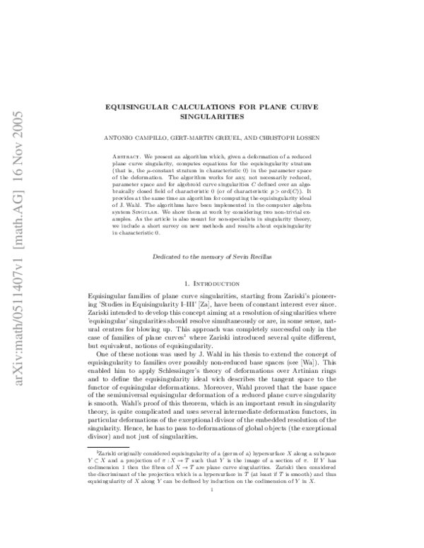 Pdf Equisingular Calculations For Plane Curve Singularities