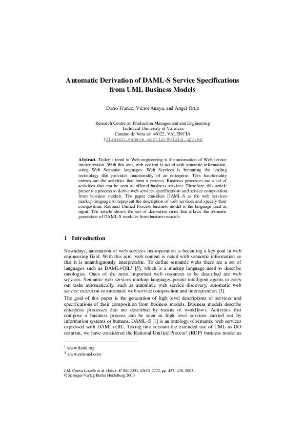 Pdf Automatic Derivation Of Daml S Service Specifications From Uml Business Models